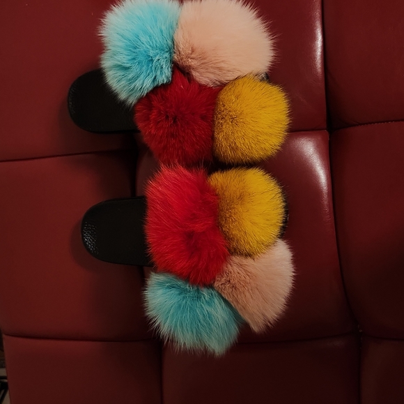 Shoes | Brand New Kids Size 4 Fox Fur Puff Ball Slides Multi Color ...
